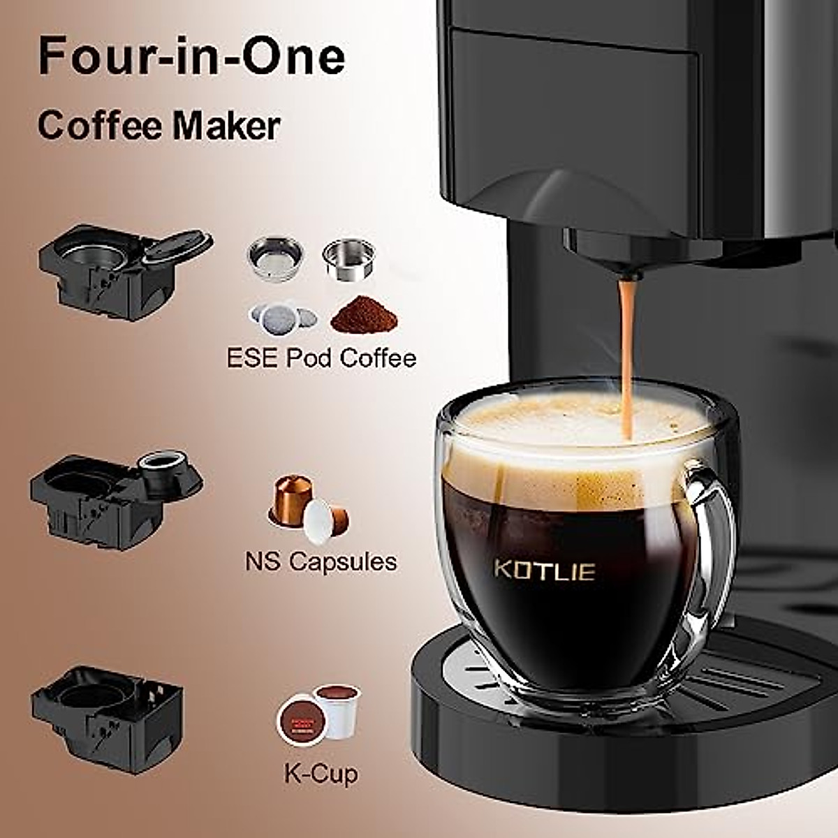 KOTLIE Latest Single Serve Coffee Maker,4in1 Espresso Machine for K-Cup/Nespresso Original/Ground/ESE Capsule Pod,3 Pods,2 Bowl,2oz to 10oz Cup, 28oz Removable Water Tank,19 Bar,1450W