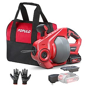 POPULO 20V Electric Drain Snake,25Ft Plumbing Snake Drain Clog Remover Tools with 2.0AH Battery and Charger,Snake Drain Hair Removal Tool for Toilet,Sewer, Bathroom,Sink and Shower 3/4"-2" Pipe