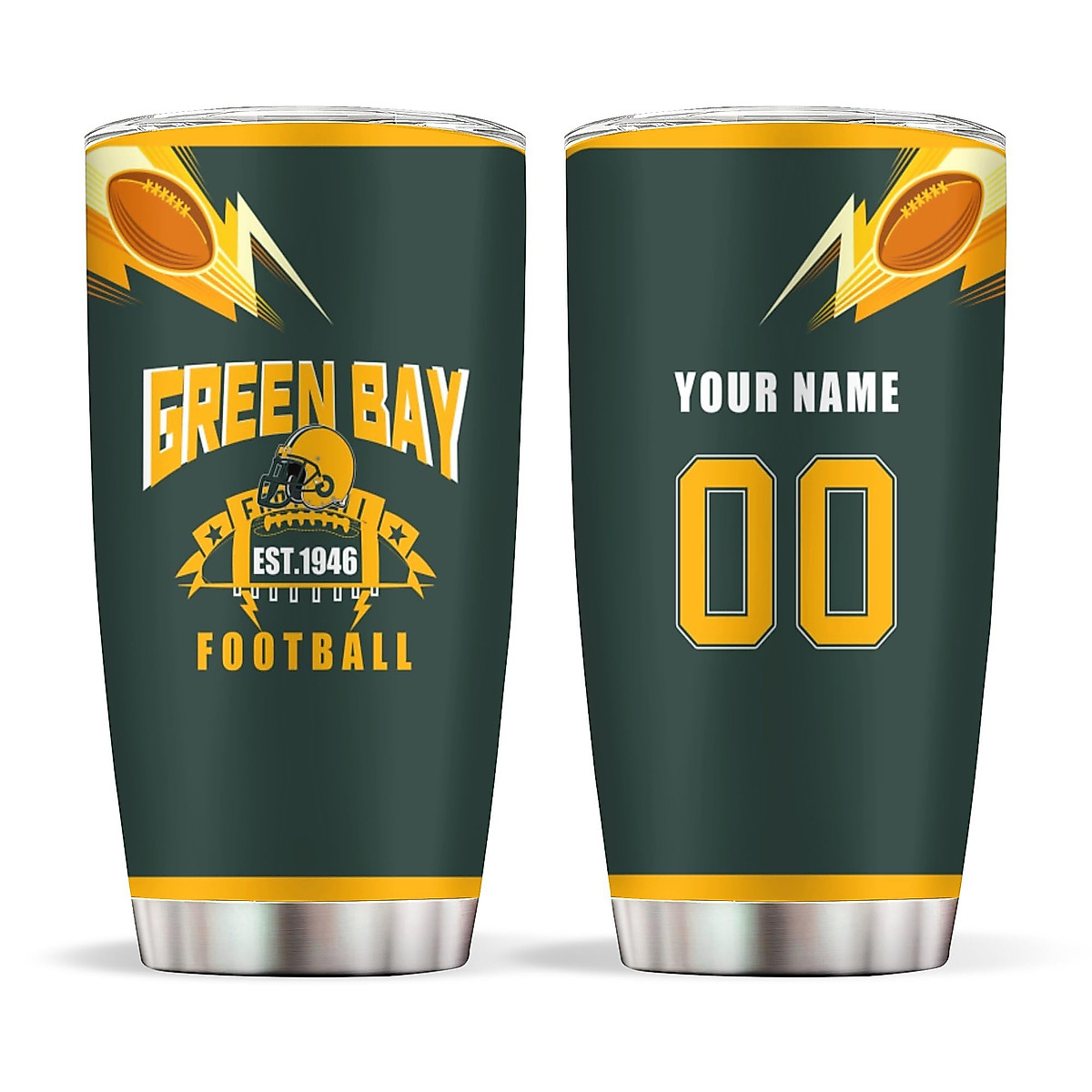 Custom Green Bay Tumbler 20oz Stainless Steel with Lid & Straw Personalized Football Fans Gifts for Women Men Travel Cup Insulated Tumbler Add Name Number
