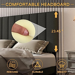 wOod-it Queen Platform Bed Frame with Headboard, Upholstered Bed Frame with Wingback, No Box Spring Needed, Easy Assembly Solid Wooden Slats, Noise-Free, Dark Gray