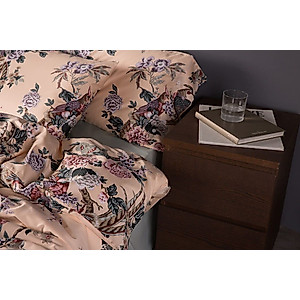 Eikei Home Chinoiserie Chic Peacock Floral Duvet Cover Paradise Garden Botanical Bird and Tree Branches Vintage Stylized Long Staple Cotton Bedding Set (Pastel, Queen)