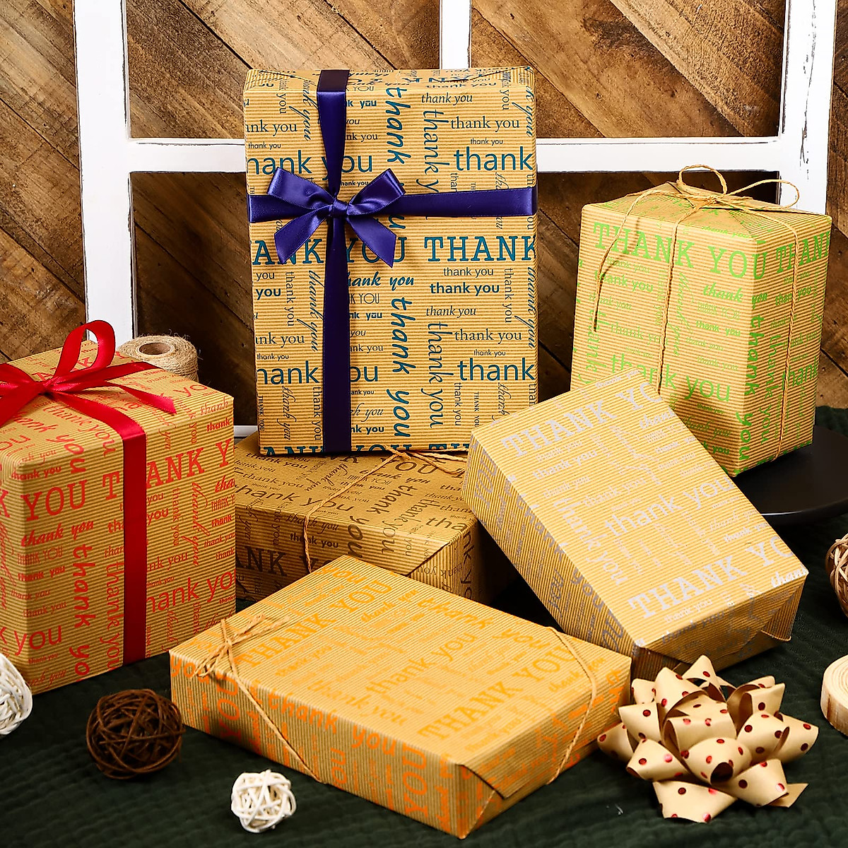 Packanewly Wrapping Paper - 6 Folded Kraft Sheets with DIY Sticker, Ribbon, Tape - Word Thank You Design Gift Wrap Sheet - 19.6 x 27.5 inches per Sheet