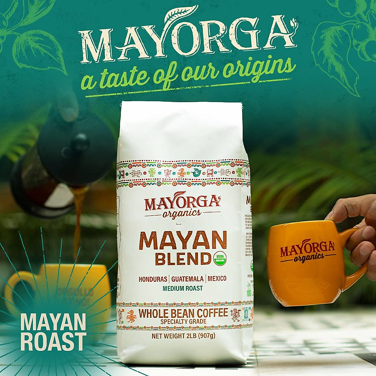 Mayorga Medium Roast Whole Bean Coffee, 2 lb bag - Mayan Blend Organic Coffee Roast - Direct Trade, Specialty Grade, Non-GMO 100% Arabica Coffee Beans