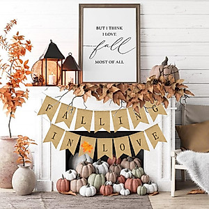 Falling in Love Banner, Thanksgiving Burlap Bunting Garland with Maple Leave Autumn Harvest Decorations for Wedding Bridal Baby Shower Engagement Anniversary Graduation Valentines Party Hanging Decor