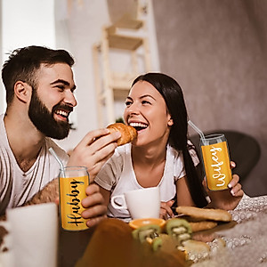 2 Pcs Hubby and Wifey Drinking Glasses 16 oz Beer Cup with Bamboo Lids and Glass Straws Bridal Shower Gift Can Shaped Iced Coffee Cup Glass Tumbler Engagement Gifts for Women Drinking Jars