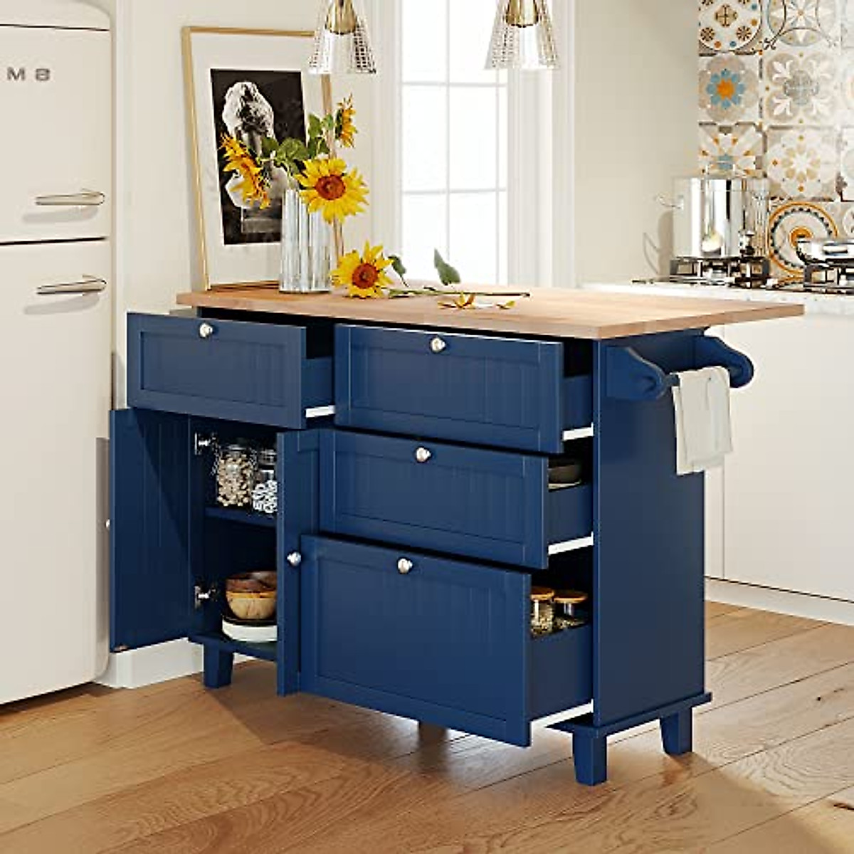 CKLMMC Farmhouse Kitchen Island Set with 2 Stools and Drop Leaf Dining Table with Storage Cabinet, Drawers and Towel Rack for Small Place (Blue+Black+Brown*)
