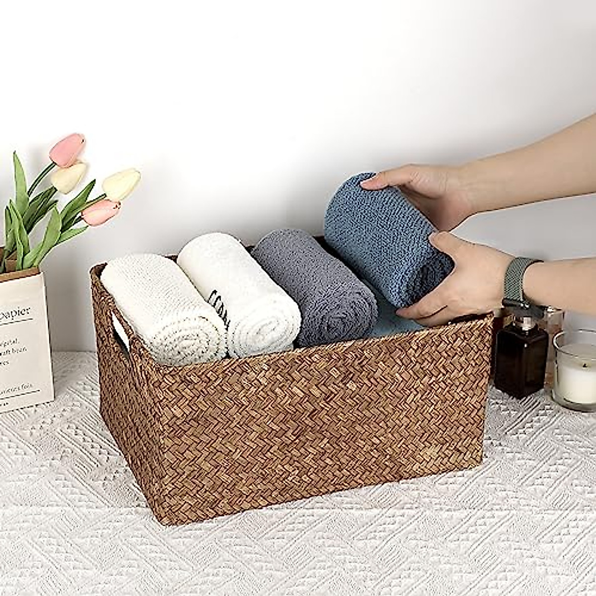 Hipiwe Seagrass Storage Opened Baskets Bin for Shelf Organizing Handwoven Wicker Baskets Rectangular Decorative Basket Closet Bedroom Organizer Bin Box Multipurpose Storage Basket with Handle