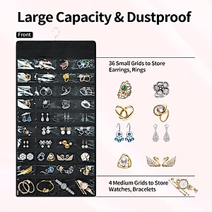 Chahot Hanging Jewelry Organizer-Closet Earring Holder Organizer with 48 Pockets & 8 Velcro, Double Side Large Jewelry Holder Earring Organizer for Earring Bracelet Rings Chain with Hanger, 1 Piece