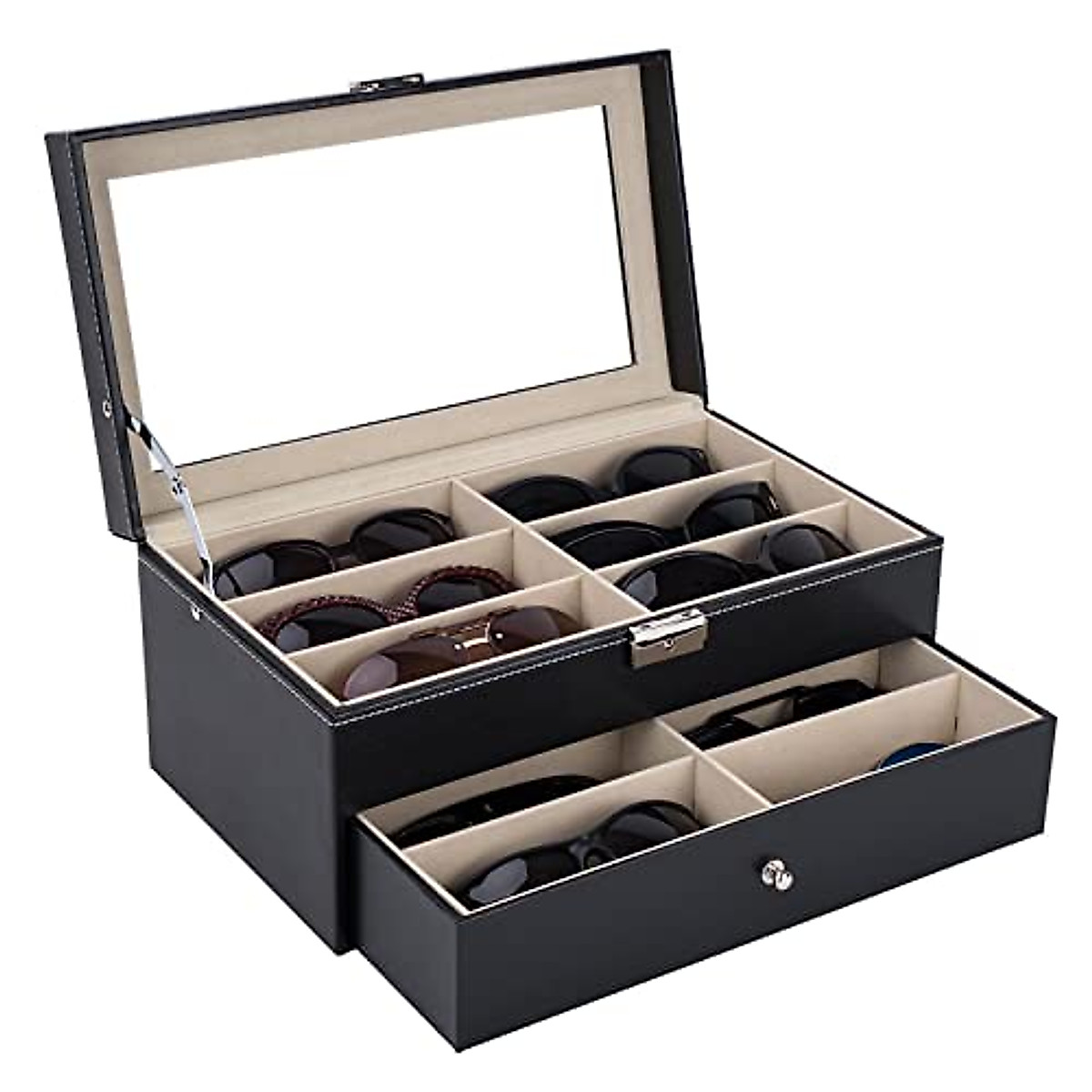 AUTOARK Leather 12 Piece Eyeglasses Storage and Sunglass Glasses Display Drawer Lockable Case Organizer,Black,AW-023