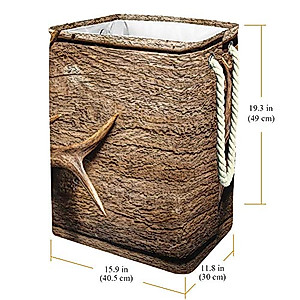 Laundry Basket Deer Antlers Rustic Wooden Foldable Laundry Hamper with Handles Detachable Brackets Well-Holding Waterproof for Clothes Toys Organization in Laundry Room Bedroom Bathroom