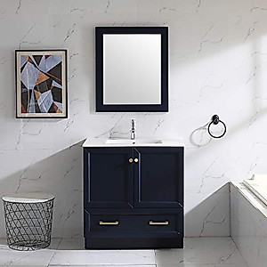 walsport Bathroom Vanity with Sink 32" Navy Cabinet White Undermount Ceramic Vessel Sink Vanities Set Chorme Faucet Drain with Mirror
