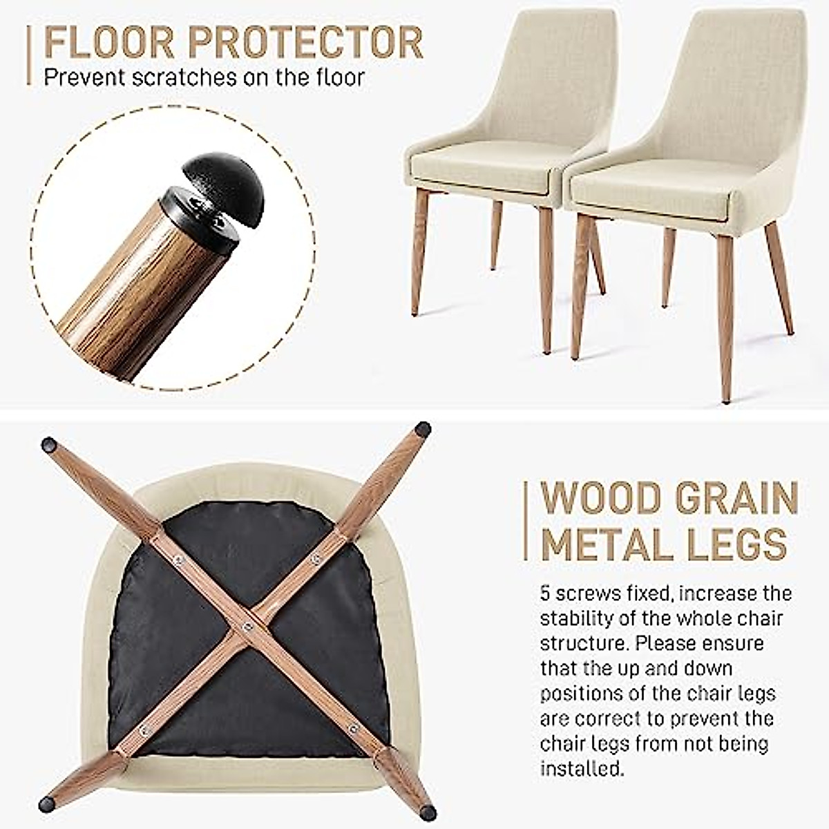 E&D FURNITURE Dining Chairs, Upholstered Metal Leg Living Room Chair Set of 4 Accent Beige Fabric Dining Comfy Chair for Kitchen and Dining Room