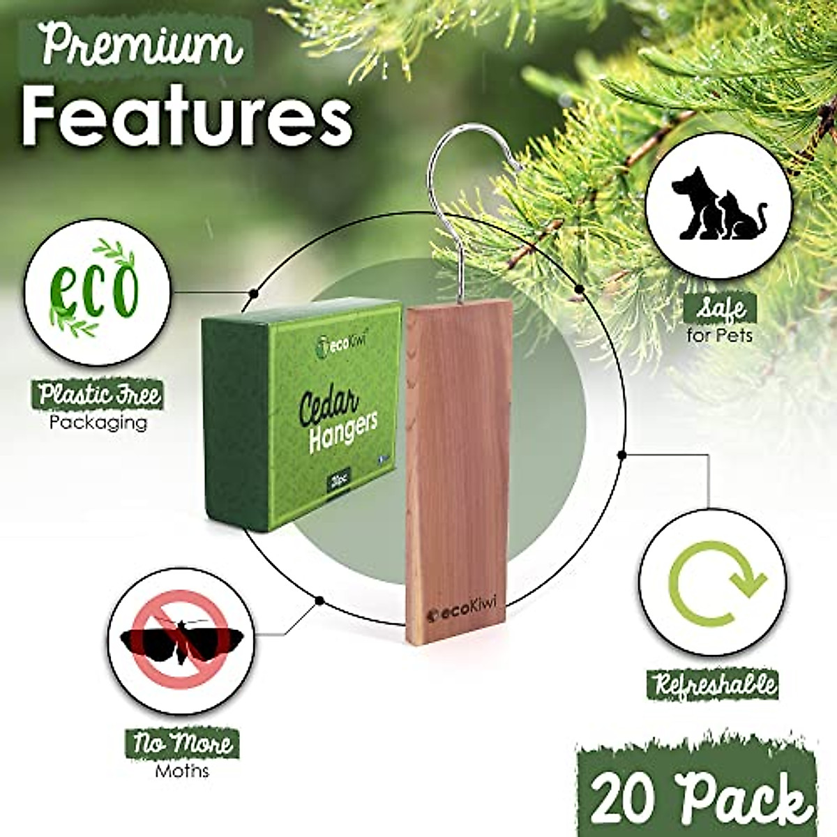 ecoKiwi Cedar Blocks for Clothes Storage - 20 Pack Cedar Hangers - Natural Cedar Wood for Closet Planks - Pet Safe Hanging Cedar Planks with Sandpaper - Scented Closet Freshener Protection & Control