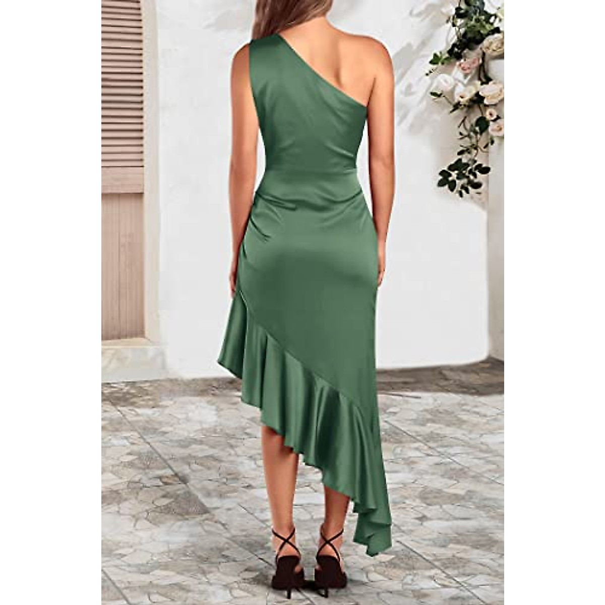 PRETTYGARDEN Women's 2023 Casual Summer Dress One Shoulder Sleeveless Ruffle Hem Wedding Guest Ruched Bodycon Maxi Dresses (Army Green,Medium)