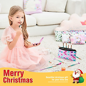 Mermaid Makeup Brush Sets with Cosmtic Bag - 13 PCS Beauty Makeup Tools Eye Shadow Eyeliner Concealer Foundation Blending Blush Brushes Compact Pocket Mirror Sequins Cosmetic Case Bag