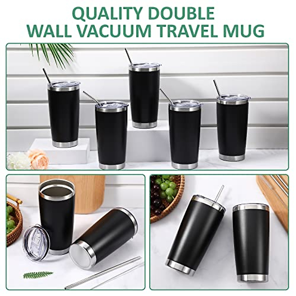 SEEWEY 24 Pack Insulated Travel Tumblers 20oz Tumbler Double Wall Vacuum Travel Mug with Lid and Straw Stainless Steel Double Wall Coffee Cups Powder Coated Coffee Mug for Cold and Hot Drinks (Black)