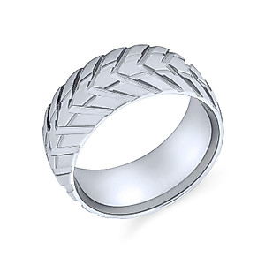 Bling Jewelry Mens Mechanic Car Racer Tire Tread Band Ring for Men for Bikers Matte Brushed Silver Tone Stainless Steel 8MM