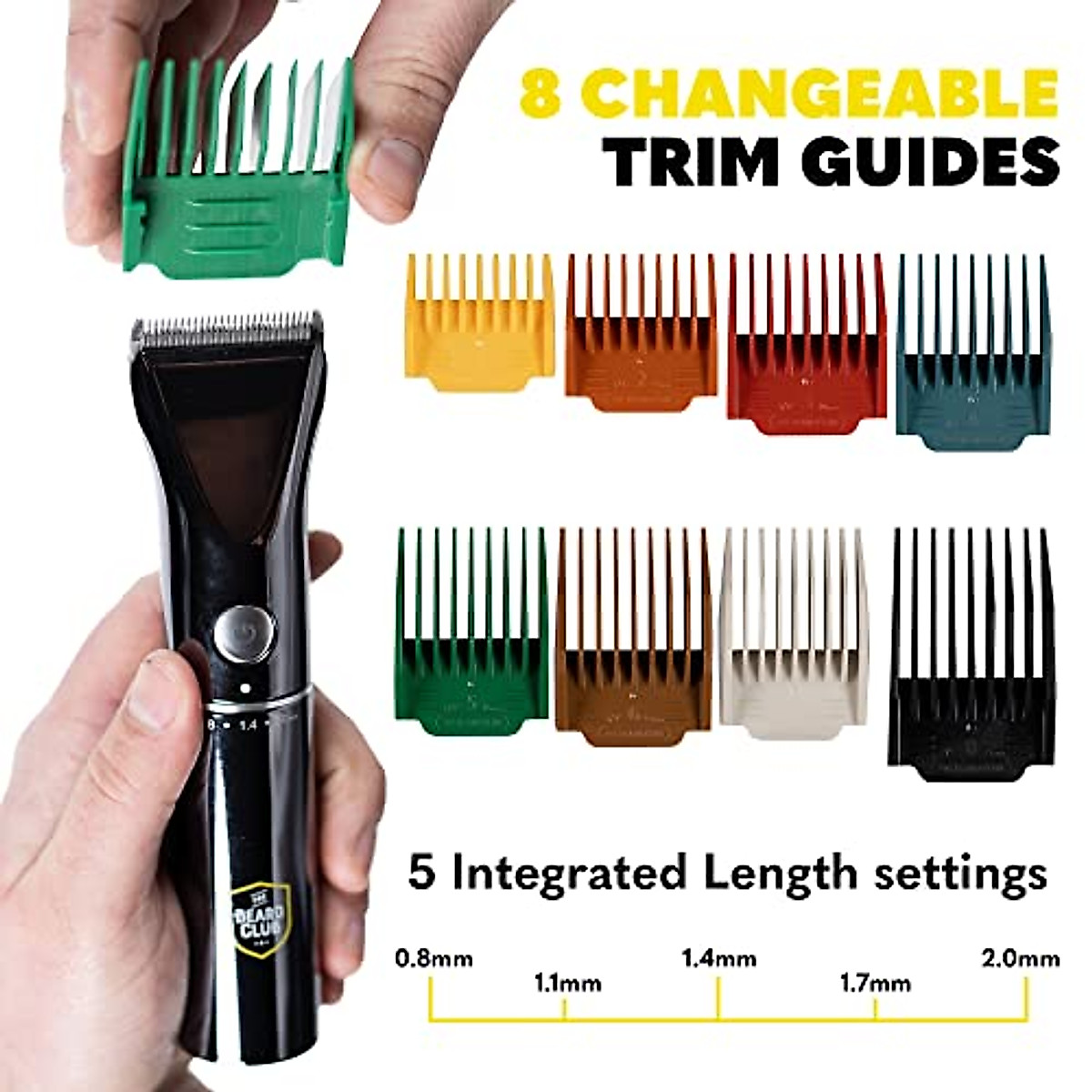 Beard Club PT45 Beard Trimmer for Men - Electric Cordless Rechargeable Beard & Hair Trimmer - High Power 7000 RPM - 8 Color Guides, 45 Unique Trim Lengths - Extra Sharp Mower Blades - Travel Lock