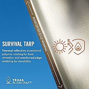 Texas Bushcraft Emergency Camping Tarp, Waterproof 10x10 Emergency Shelter for Backpacking and Hiking, 70D Ripstop Nylon Survival Tarp with Reflective Aluminized Polymer and Loop Ties with Grommets