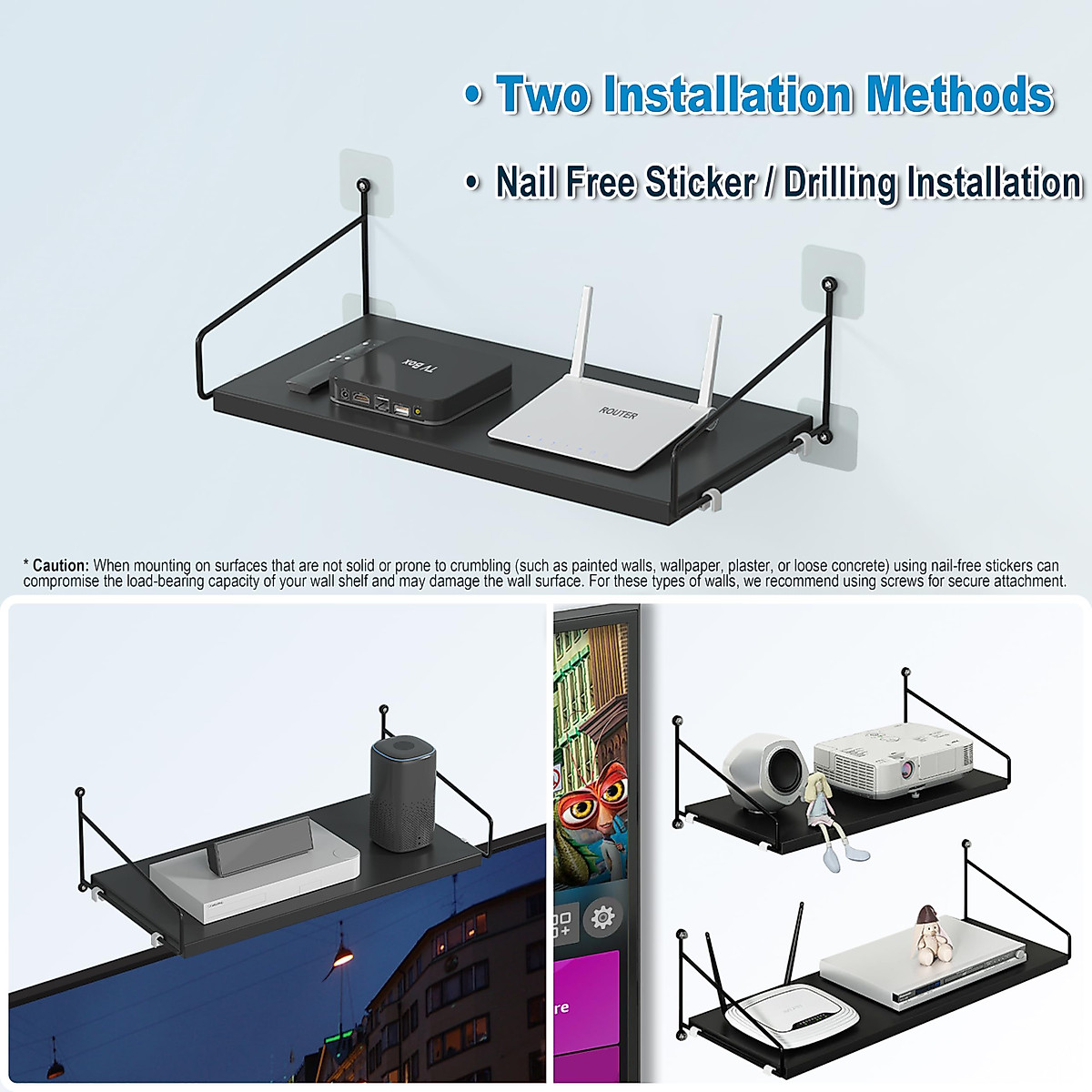 Wisfame Black Floating Shelf for AV Device, Wooden Wall Shelves for Projector, DVD Player, Cable Boxes, Modem, WiFi Router, Wall Mounted Shelf for Living Room, Bedroom, Bathroom (1 Tier)