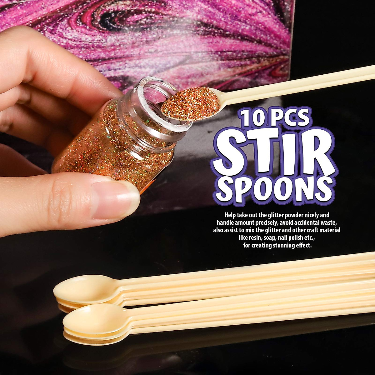 Holographic Fine Glitter, LEOBRO 15 Colors Extra Fine Resin Glitter Powder, Craft Glitter for Resin Jewelry Art Crafts Making, Cosmetic Glitter for Nail Body Face Hair, with 10 PCS Stir Spoons