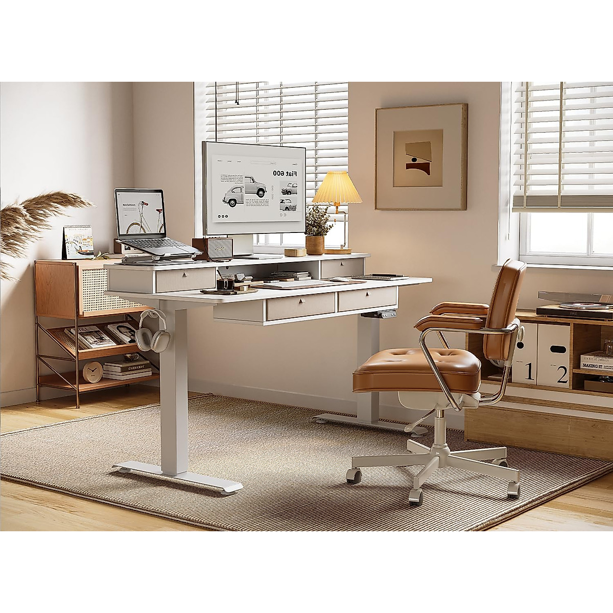 BANTI Height Adjustable Electric Standing Desk with 4 Drawers, 48 x 24 Inch Table with Storage Shelf, Sit Stand Desk, White Top