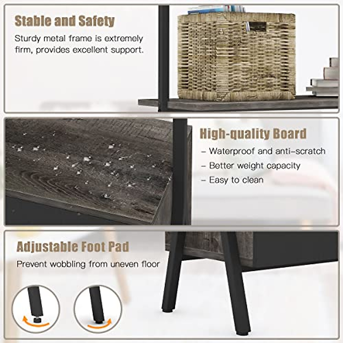 Usinso Wood Metal Ladder Bookshelf, Industrial 4-Tier Black Bookcase with Wide Storage Cabinet, Rustic Brown Bookshelf for Living Room, Shelves for Storage Bedroom, 30L x 13W x 70H Inch