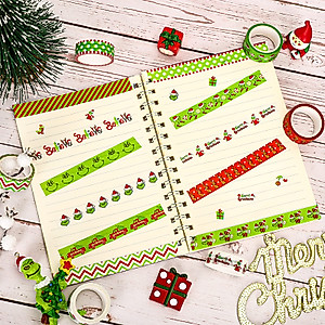Whaline 12 Rolls Christmas Washi Tape Funny Cartoon Characters Decorative Tape Green Red Xmas Holiday Masking Tape for Christmas Scrapbook Journal Calendar DIY Craft Gift Wrapping, 16.4ft x 0.6"