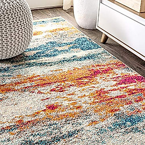 JONATHAN Y Contemporary POP Modern Abstract Brushstroke Cream/Blue 8 ft. x 10 ft. Area-Rug, Bohemian, Easy-Cleaning, for Bedroom, Kitchen, Living Room, Non Shedding (CTP102C-8)