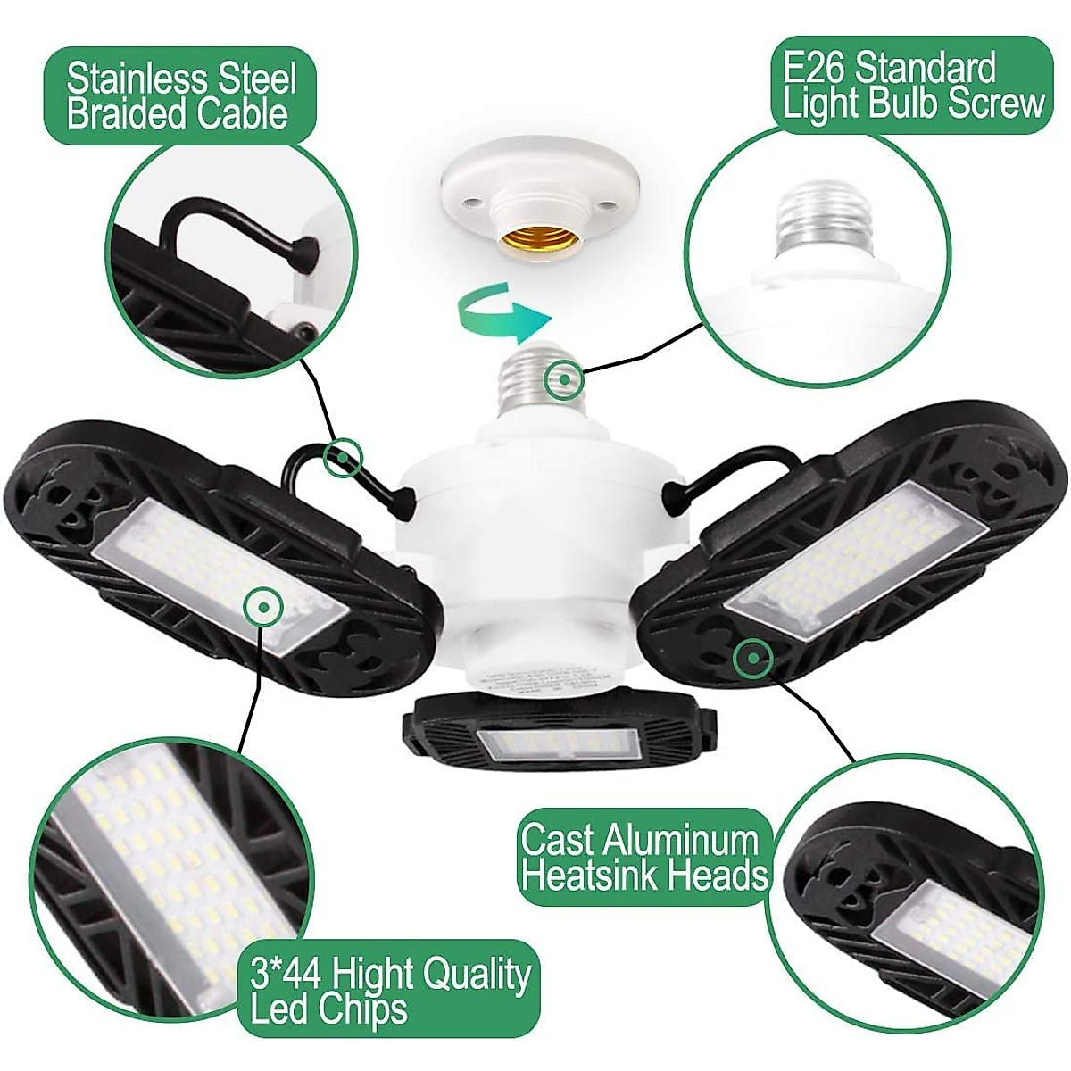 OOOLED 2 Pack LED Garage Lights, 80W LED Garage Lighting, Deformable LED Garage Lights Supporting E26 Screw Socket, 9600LM 6500K Super Bright White, LED Lights for Garage, Workshop, Basement