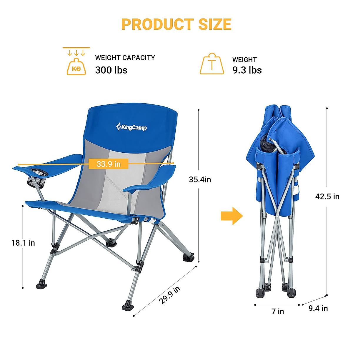 KingCamp Oversized Heavy Duty Outdoor Camp Lightweight Portable Lawn Chair Sturdy Steel Frame Supports 300 lbs with Cup Holder for Sports Fishing Picnic, one Size, Blue&Gray