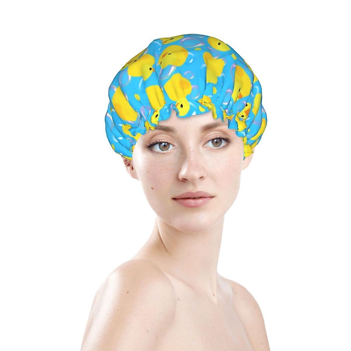 Yellow Rubber Ducks Shower Cap For Women Adjustable Double Waterproof Layers Bathing Shower Hat Hair Protection Reusable Ladies Spa Salon Shower Hat