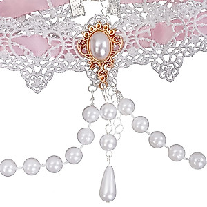 Chargances Gothic Halloween Pink Pearl Lace Necklace for Women Lolita Halloween Decorations Party Accessory