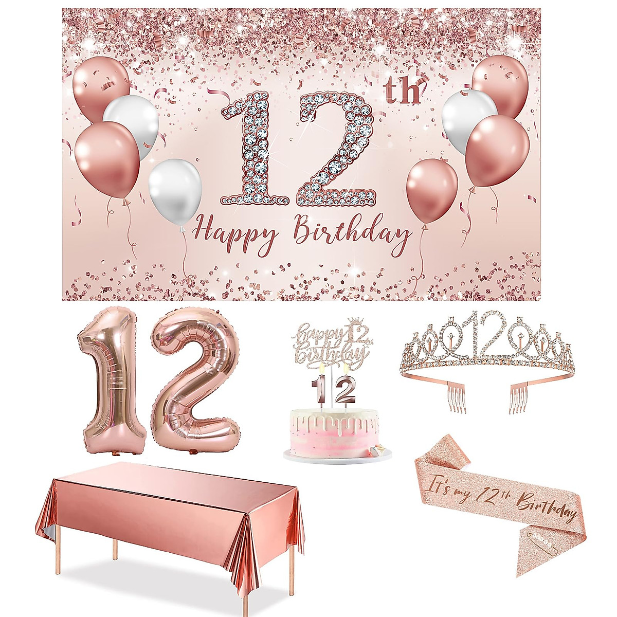 Trgowaul 12th Birthday Decorations Party Set for girls, Rose Gold 12 Birthday Banner and Tablecloth, 12& Fabulous Sash and Tiara, 1PC Happy 12th Birthday Cake Topper, Pink Gold 12 Number Balloons