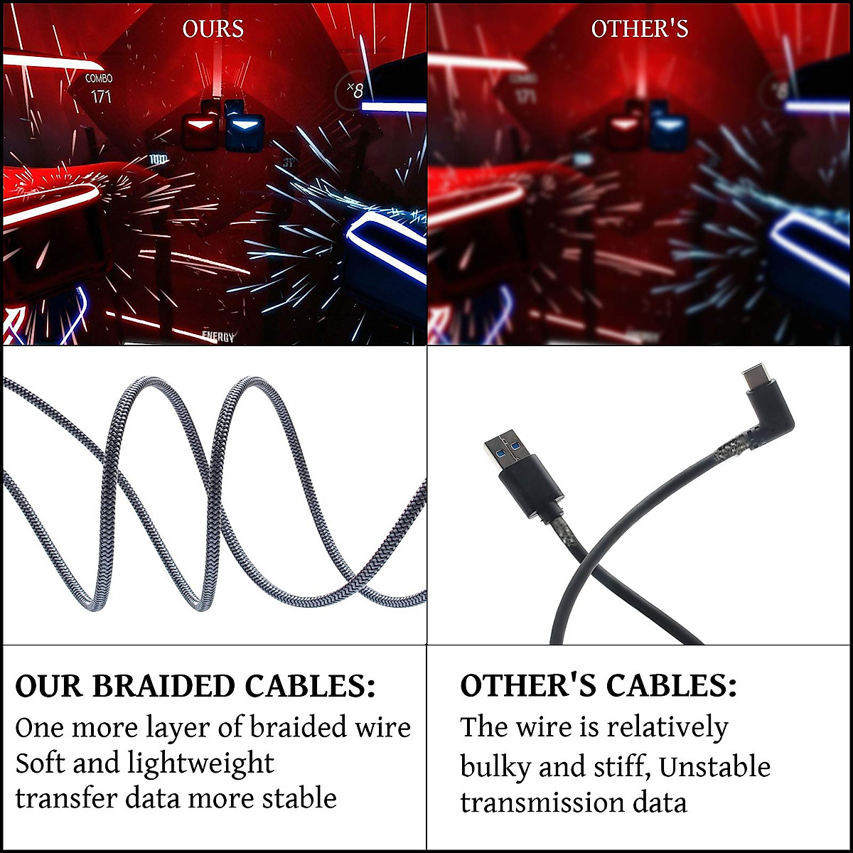 KRX Silver Braided Cord for Oculus Quest and Quest 2 Link Cable, 10FT USB A to C 3.2 Gen1 Cable for Fast Charging & Data-Transmission (10FT(3M), Silver)