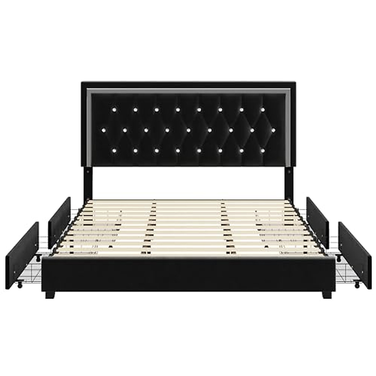HITHOS Queen Size Bed Frame with 4 Storage Drawers and Adjustable Headboard, Modern Upholstered Platform Bed with Wood Slat Support, Diamond Button Tufted Design, No Box Spring Needed (Black, Queen)