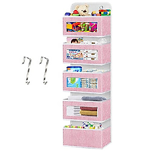 homyfort Over the Door Organizer, Hanging Baby Diaper Organizer for Nursery, Pink Wall Storage Organizer with 5 Large Pockets for Girls Room,Pantry,Dorm,Bathroom,Closet