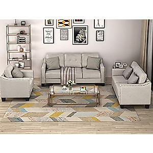 FANYE 3 Pieces Living Room Furniture Sets Include, Loveseat and Armchair, Linen Fabric Upholstered Sectional Classical Rivets Decor and Tufted Back Cushions, Beige Sofa & Couch