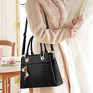 SMALLBLUER Top-Handle Handbags Purse Tote for Women Soft PU Leather Crossbody Shoulder Bag with Tassel Pendant-Black