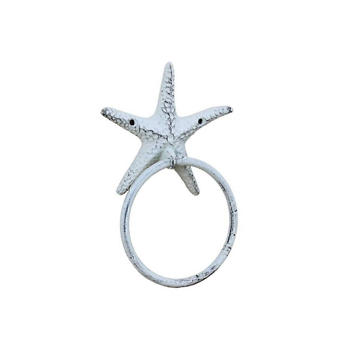 Handcrafted Nautical Decor Rustic Whitewashed Cast Iron Starfish Towel Holder 8.5" - Decorative Starfish -