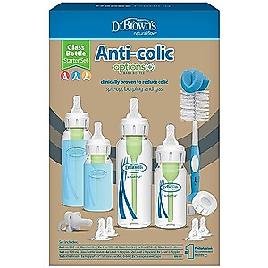 Dr. Brown's Natural Flow® Anti-Colic Options+™ Narrow Glass Baby Bottle Starter Set with Silicone Sleeves,Brush and Soft 100% Silicone HappyPaci™ Pacifier for Newborns