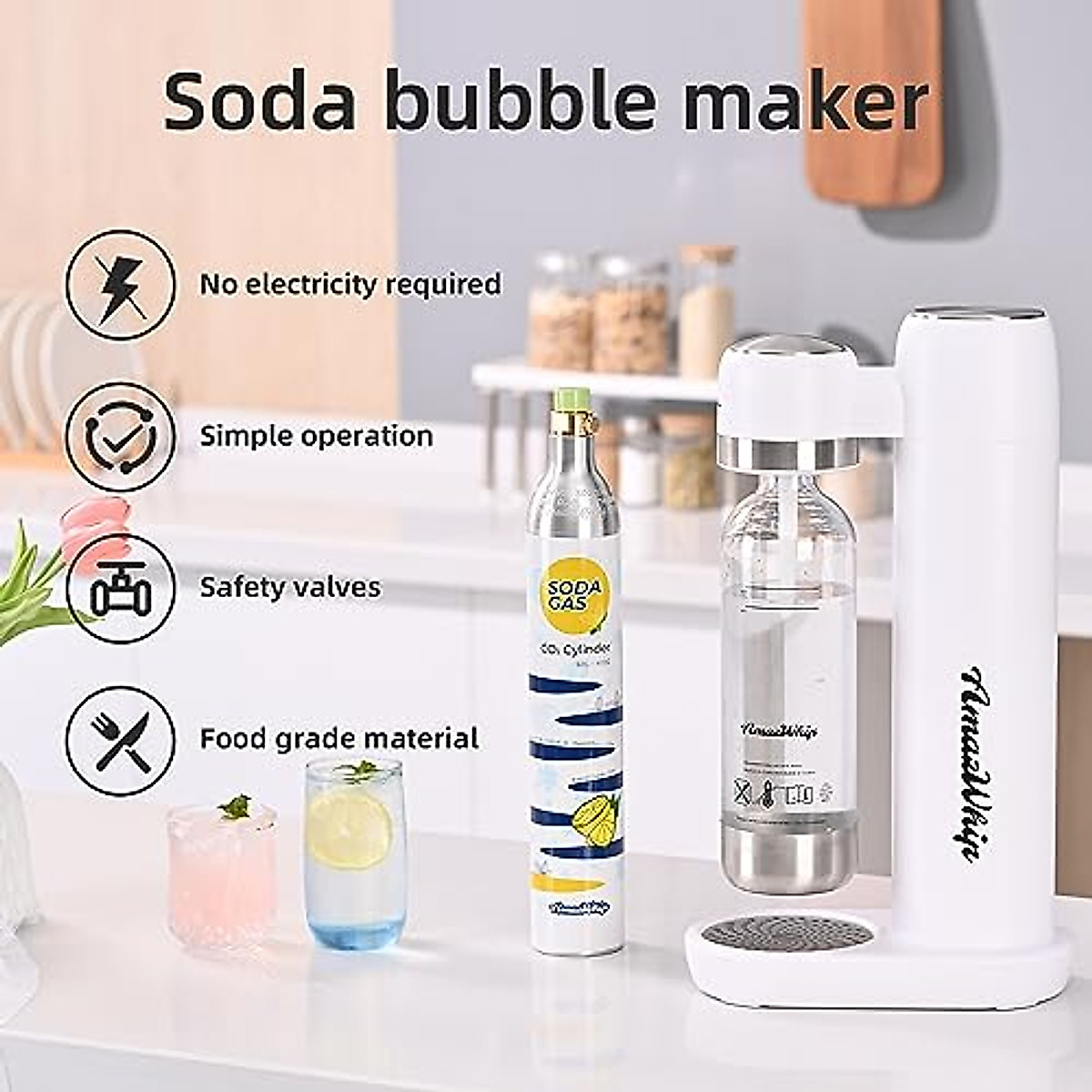 AmazWhip sparkling water maker, paired with CO2 gas canisters and 1L water bottles for Household soda water (White+ 2 canisters)