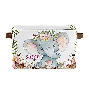 Personalized Watercolor Elephant Flower Canvas Storage Basket with Name Storage Bins Laundry Basket with Handle for Closet Shelf Nursery Bedroom (1 Pack)