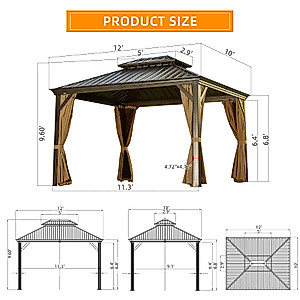 Domi Hardtop Gazebo 10x12ft Outdoor Pergola Metal Gazebos Backyard Pavilion Aluminum Roof Canopy with Mosquito Netting and Curtains for Patio,Garden,Lawn(Brown)