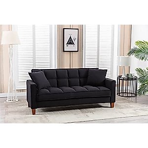 Eafurn Soft Upholstered Loveseat Sofa Small Couch for Living Room,Modern Decor Furniture with Armrest & Throw Pillows and Padded Backrest Love Seats, Black Deep Button Tufted with Solid Wood Legs