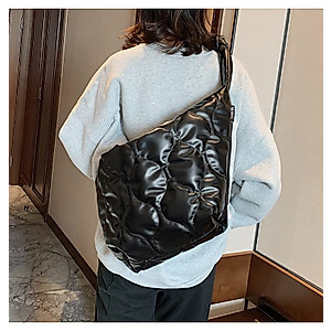 Large Puffy Tote Bag for Women, Lightweight Quilted Cotton Padded Puffy Shoulder Bag, Down Designer Handbag Crossbody Bag (Black)