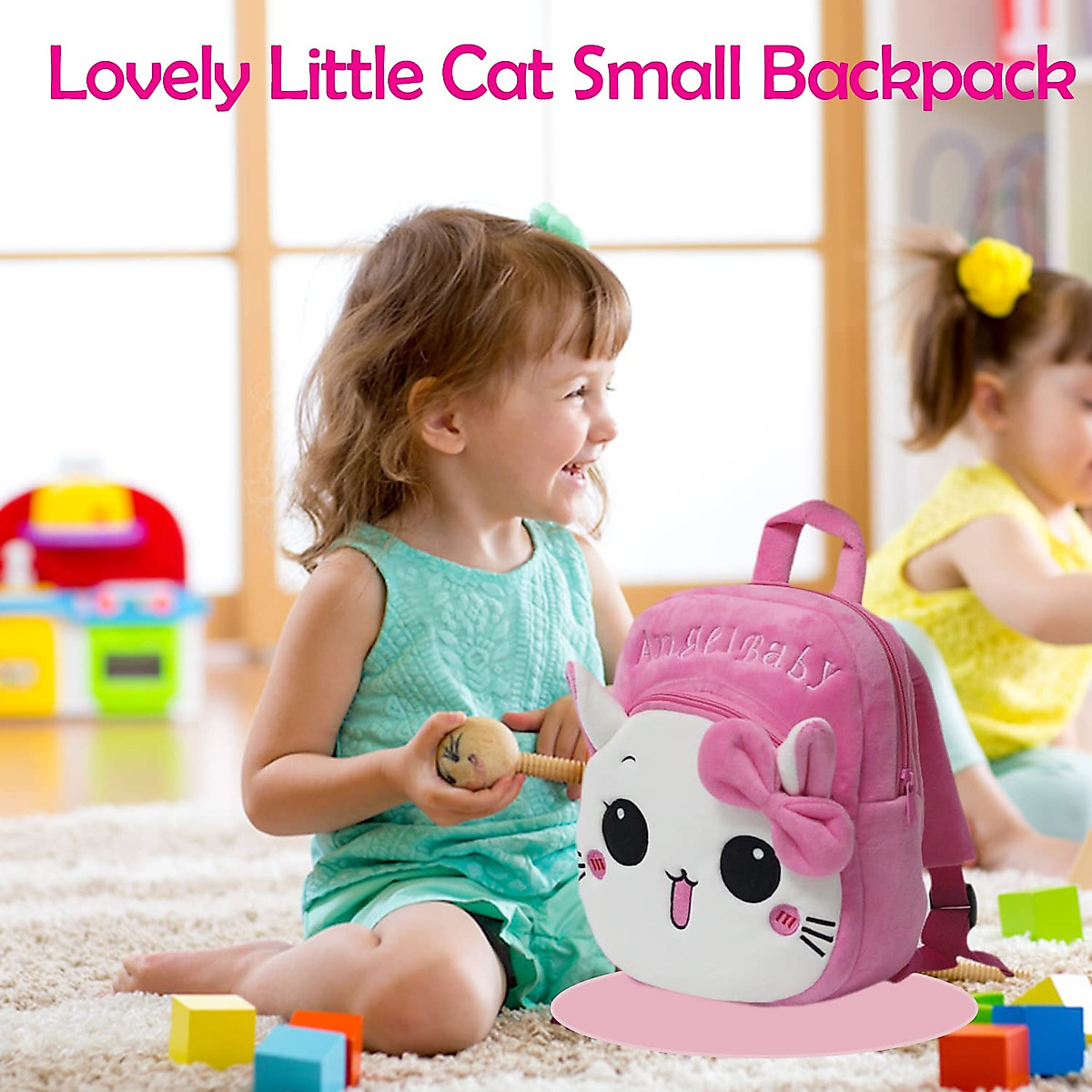 NZ SIXVONA Toddler Backpack for Girls, Cute Cartoon Cat Plush Small Baby Daycare Backpack for Little Kids, Red Cat