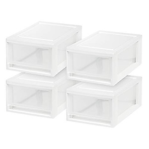 IRIS USA MSD-1 Compact Stacking Drawer, White, 6 Quart, 4-Pack & Stackable Plastic Storage Drawer, Medium-3 Pack (White)