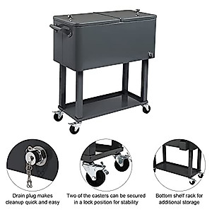 Outvita 80 Quart Rolling Ice Chest, Portable Bar Drink Cooler with Catch Basin, Bottom Storage Tray and Bottle Opener for Patio Party BBQ Beach Activities (Dark Gray)