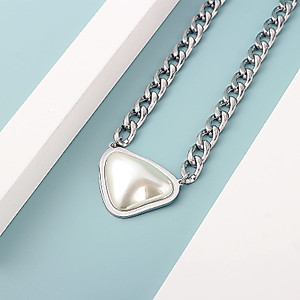 DASIQI Pearl Pendant Necklace Cuban Link Thick Silver Chain Stainless Steel Fashion Jewelry